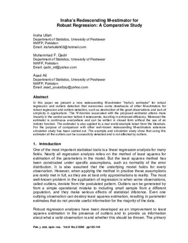 (PDF) Insha’s Redescending M-estimator for Robust Regression: A Comparative Study | Asad Ali ...