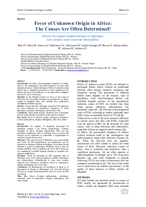 (PDF) Fever of Unknown Origin in Africa: The Causes Are Often Determined!