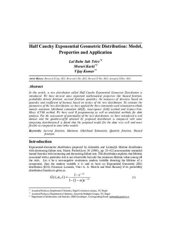 Pdf Half Cauchy Exponential Geometric Distribution Model Properties And Application