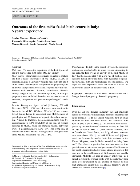 (PDF) Outcomes of the first midwife-led birth centre in Italy: 5 years ...