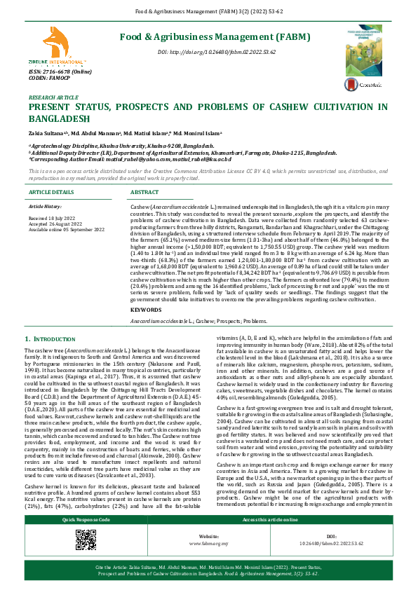 (PDF) Present Status, Prospects and Problems of Cashew Cultivation in Bangladesh