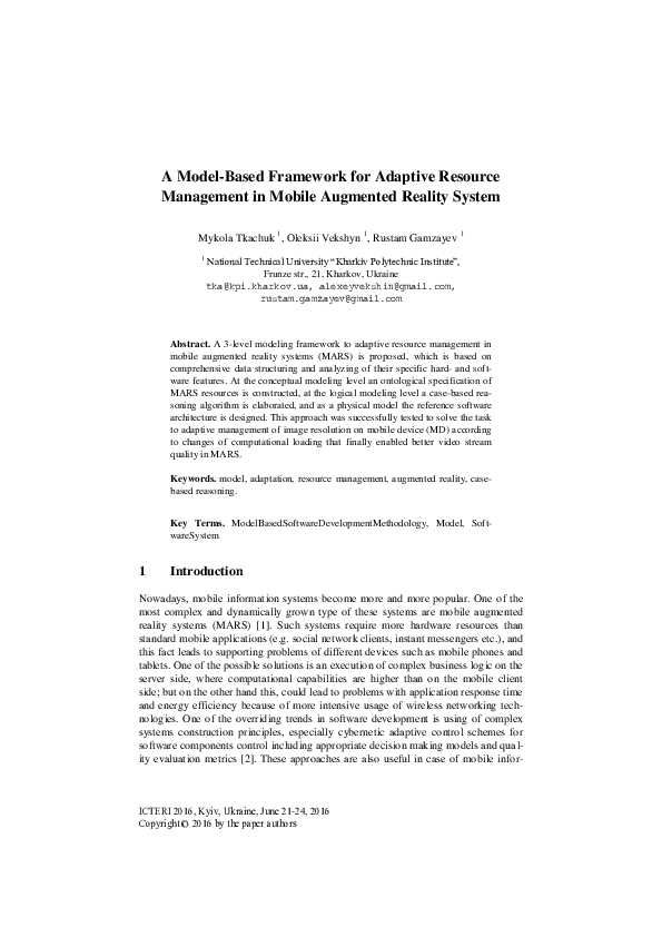 (PDF) A Model-Based Framework for Adaptive Resource Management in ...