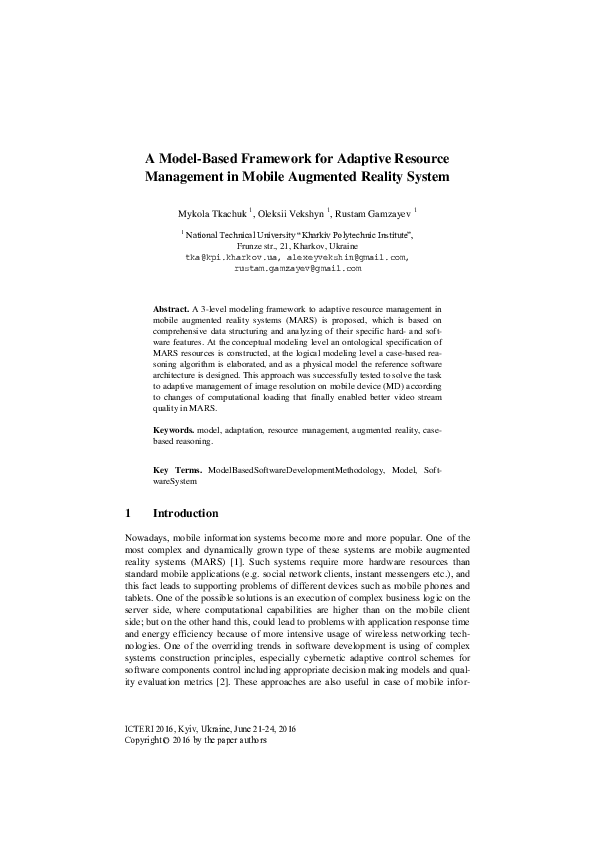 Pdf A Model Based Framework For Adaptive Resource Management In Mobile Augmented Reality