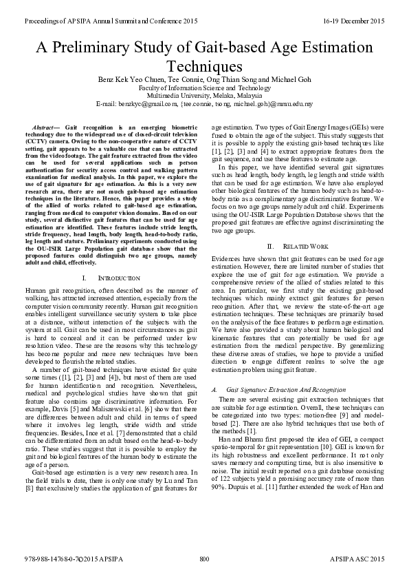 (PDF) A preliminary study of gait-based age estimation techniques