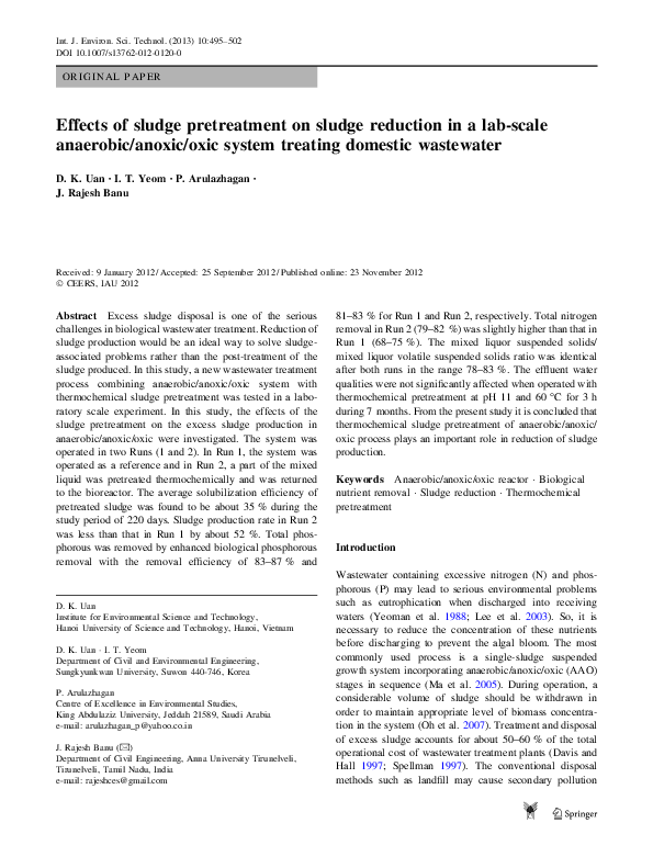 (PDF) Effects of sludge pretreatment on sludge reduction in a lab-scale ...