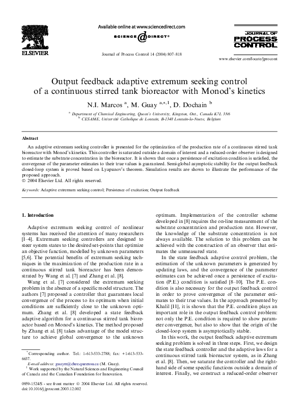 (PDF) Output feedback adaptive extremum seeking control of a continuous stirred tank bioreactor ...