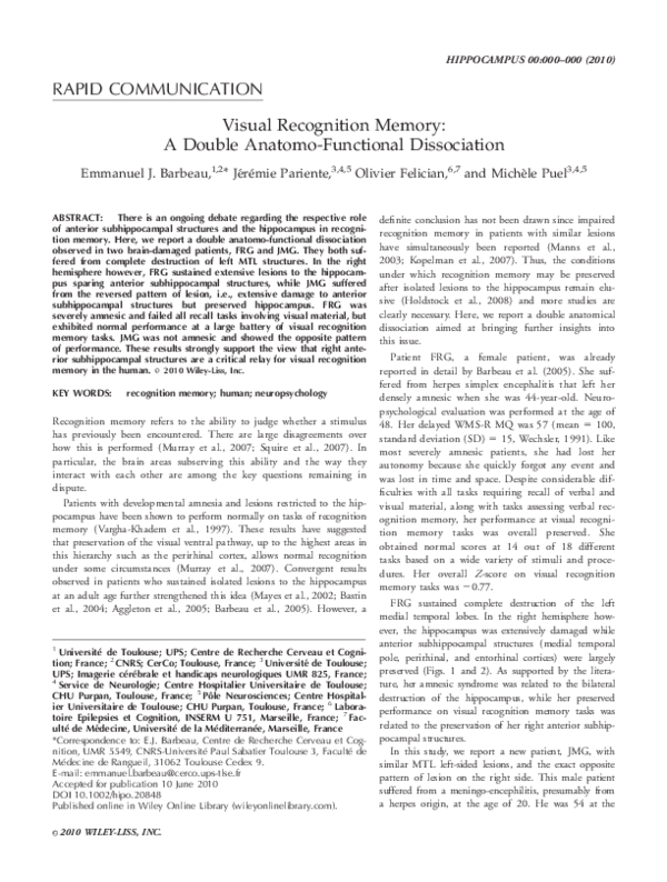 (PDF) Visual recognition memory: A double anatomo-functional dissociation