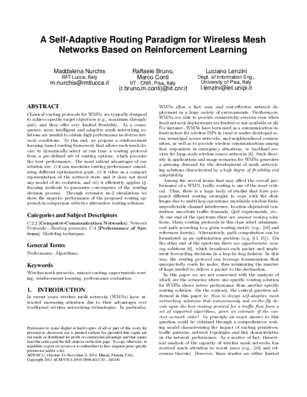 Pdf A Self Adaptive Routing Paradigm For Wireless Mesh Networks Based On Reinforcement