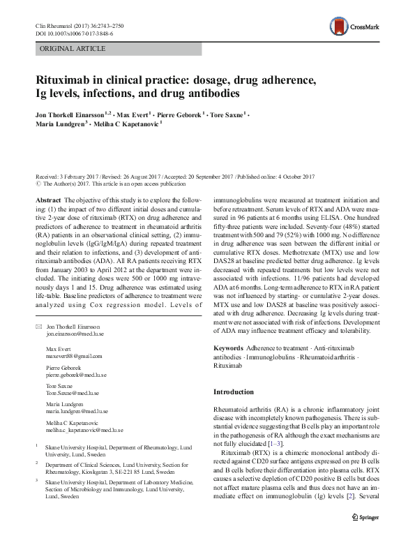 (PDF) Rituximab in clinical practice: dosage, drug adherence, Ig levels ...