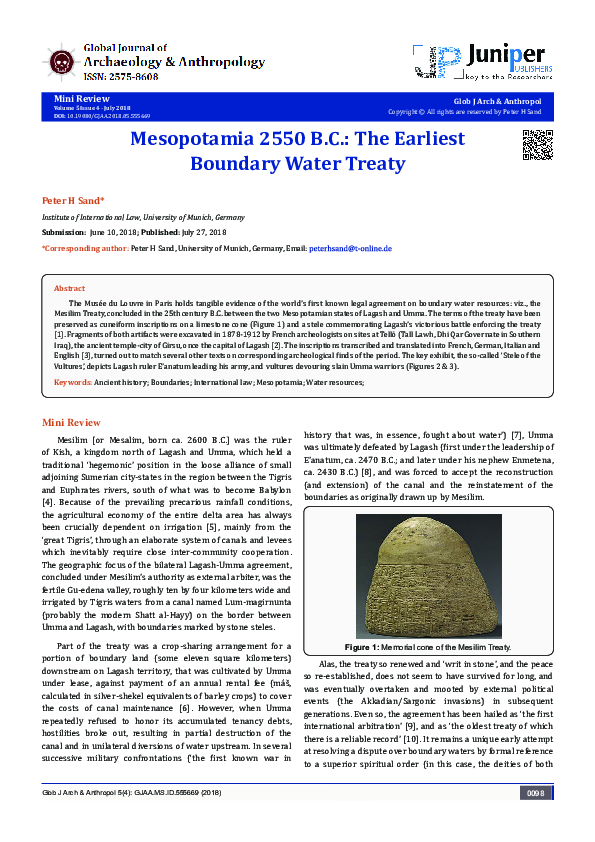 (PDF) Mesopotamia 2550 B.C.: The Earliest Boundary Water Treaty