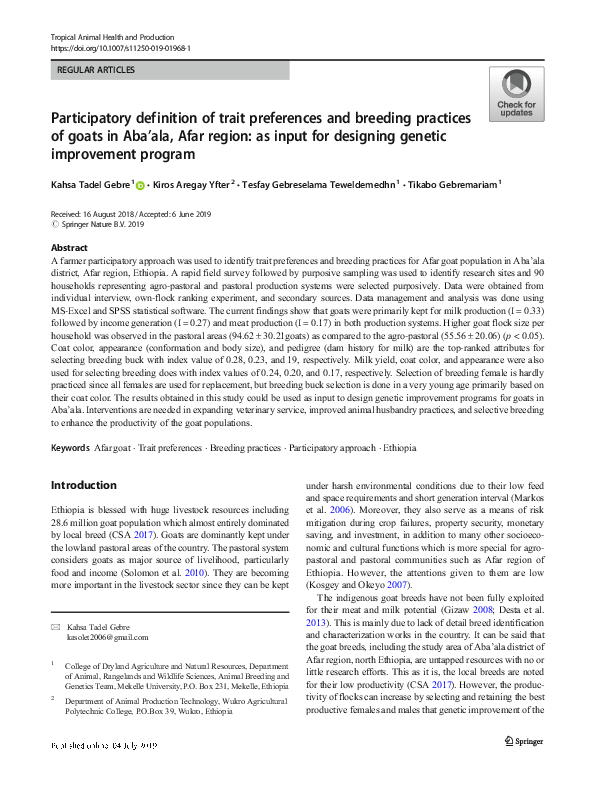 (PDF) Participatory definition of trait preferences and breeding practices of goats in Aba’ala ...