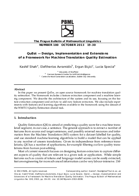 Pdf Quest Design Implementation And Extensions Of A Framework For Machine Translation