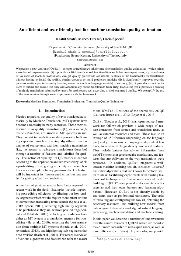 Pdf An Efficient And User Friendly Tool For Machine Translation Quality Estimation