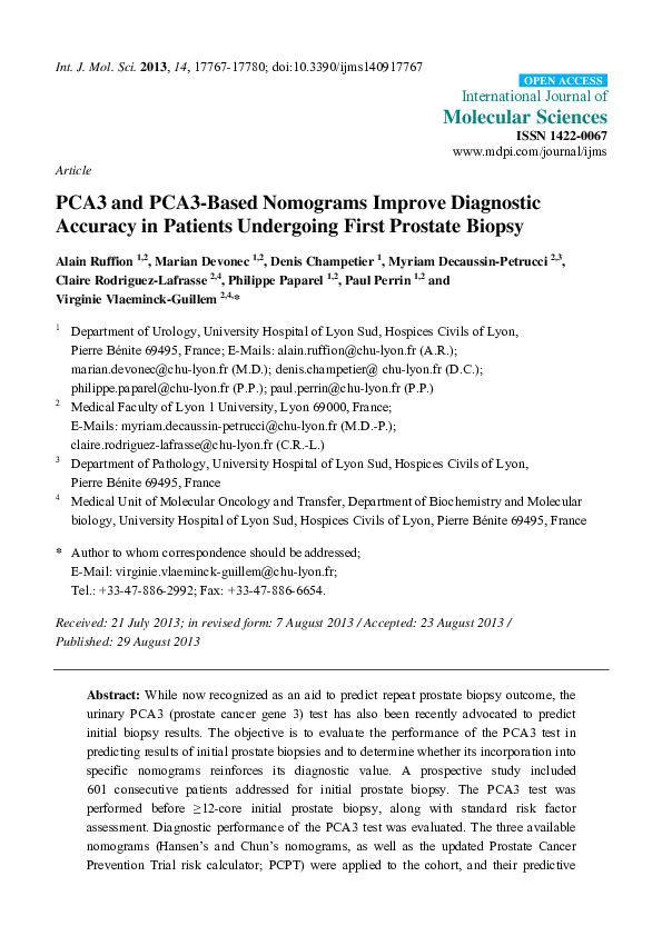 (PDF) PCA3 and PCA3-Based Nomograms Improve Diagnostic Accuracy in Patients Undergoing First ...