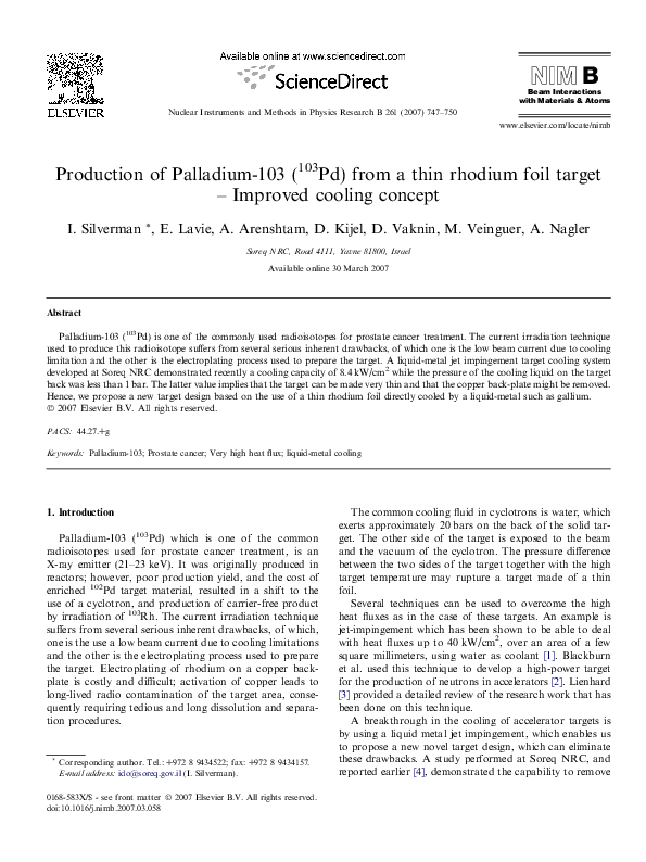(PDF) Production of Palladium-103 (103Pd) from a thin rhodium foil ...