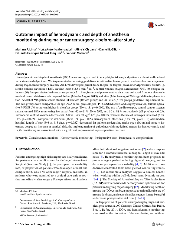 (PDF) Outcome impact of hemodynamic and depth of anesthesia monitoring during major cancer ...