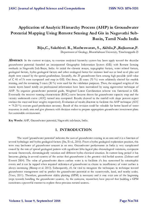 Pdf Application Of Analytic Hierarchy Process Ahp In Groundwater Potential Mapping Using