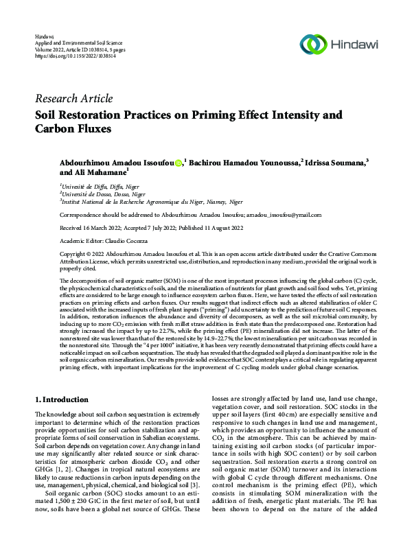 (PDF) Soil Restoration Practices on Priming Effect Intensity and Carbon Fluxes