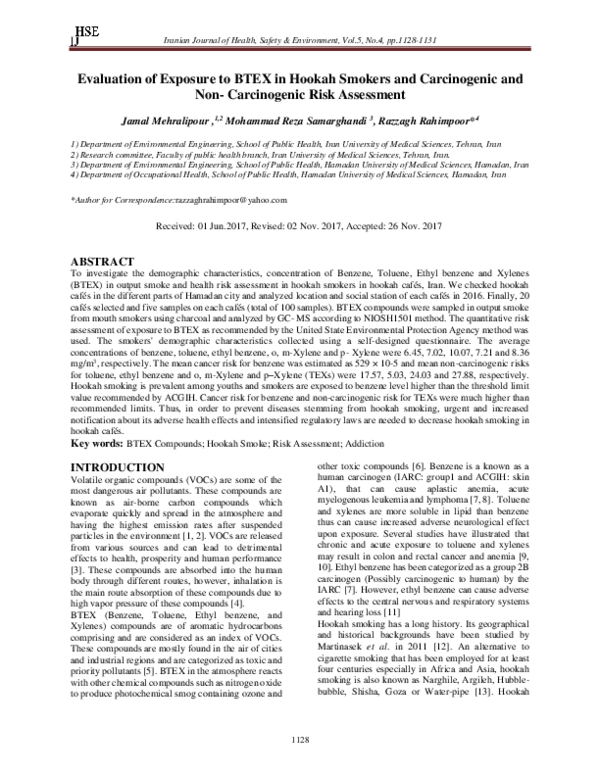 (PDF) Evaluation of Exposure to BTEX in Hookah Smokers and Carcinogenic and Non- Carcinogenic ...