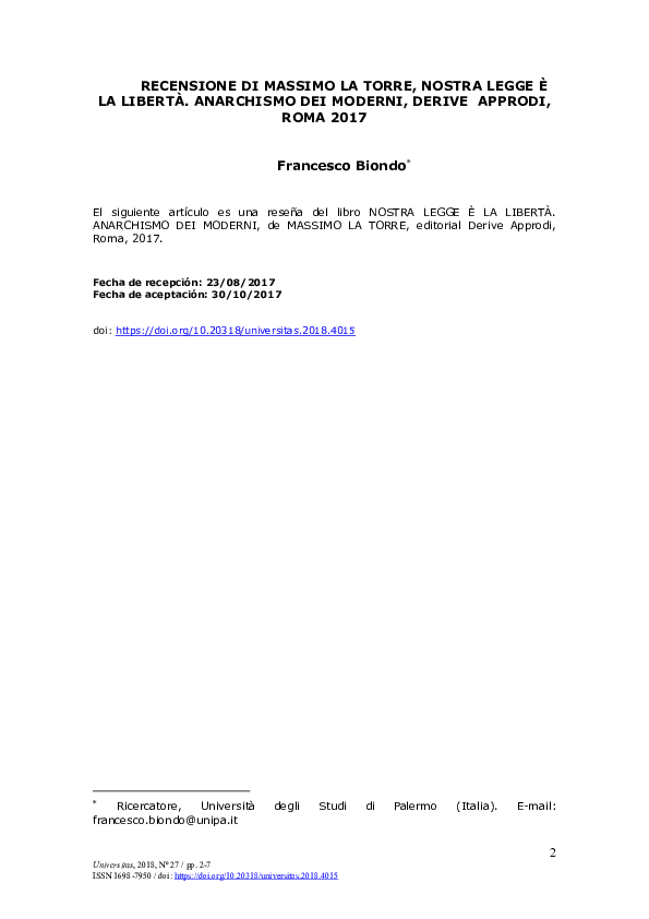 (PDF) Massimo La Torre (2017), Nostra Legge è la Libertà. Anarchismo ...