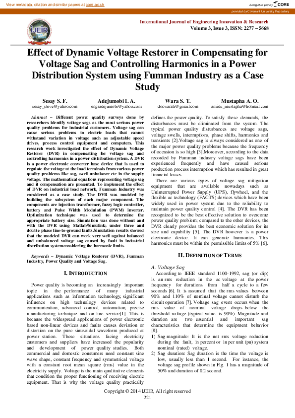 (PDF) Effect of Dynamic Voltage Restorer in Compensating for Voltage Sag and Controlling ...