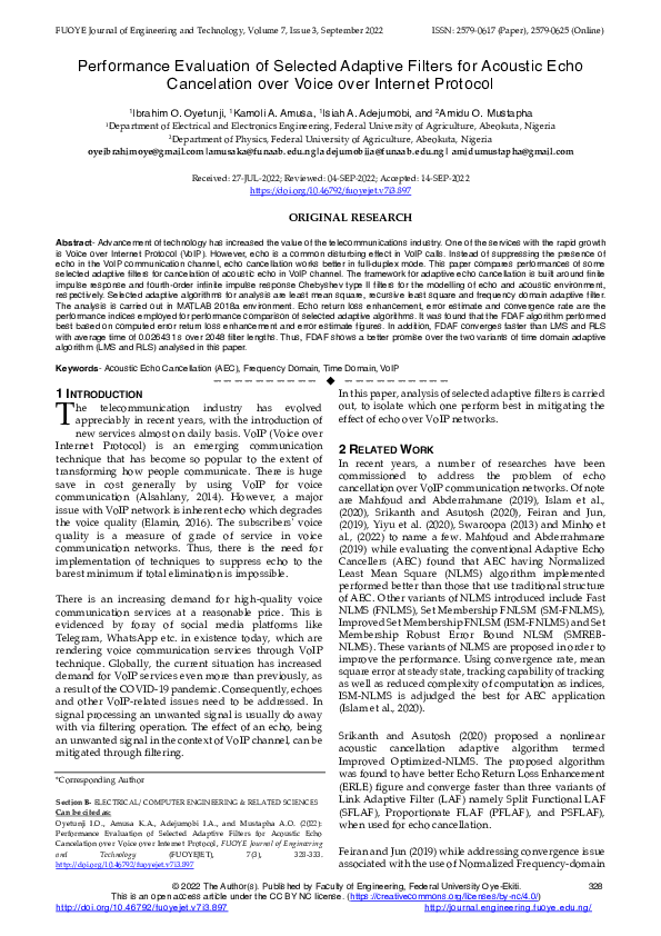 (PDF) Performance Evaluation of Selected Adaptive Filters for Acoustic Echo Cancelation over ...