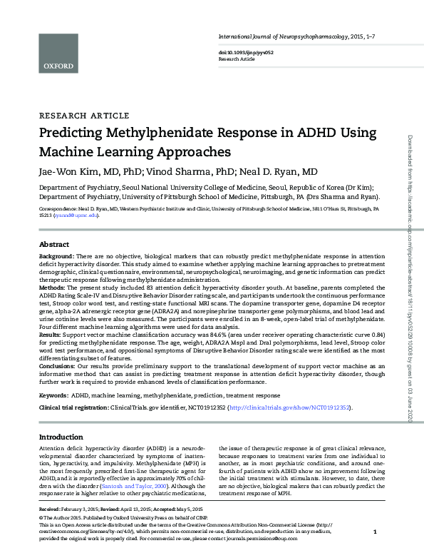 (PDF) Predicting methylphenidate response in ADHD using machine learning approaches