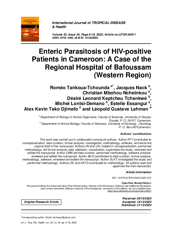 (PDF) Enteric Parasitosis of HIV-positive Patients in Cameroon: A Case of the Regional Hospital ...