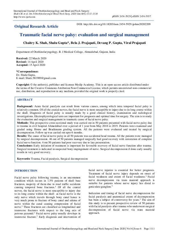(PDF) Traumatic facial nerve palsy: evaluation and surgical management