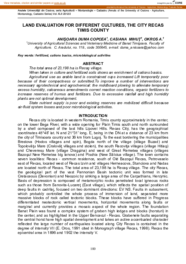 (PDF) Land Evaluation for Different Cultures, the City Recas Timis County