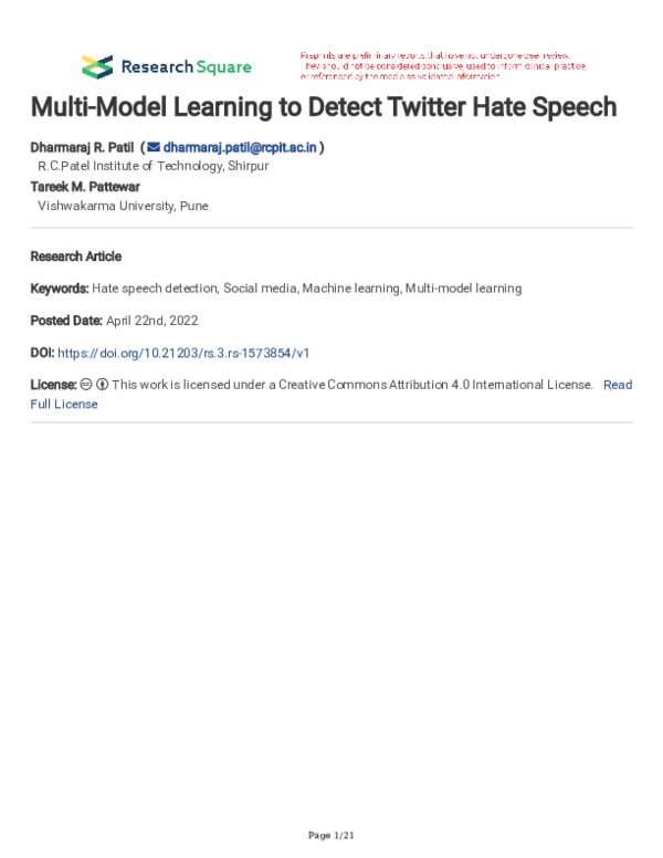 (PDF) Multi-Model Learning to Detect Twitter Hate Speech
