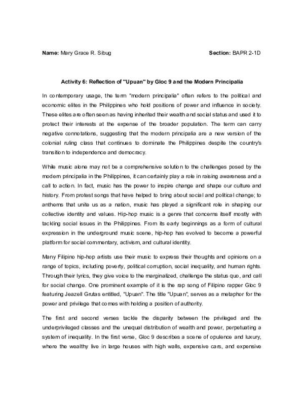 (DOC) Activity 6: Reflection of "Upuan" by Gloc 9 and the Modern ...