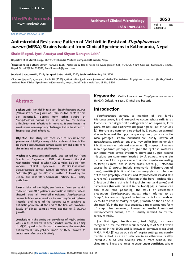 (PDF) Antimicrobial Resistance Pattern of Methicillin-Resistant Staphylococcus aureus (MRSA ...