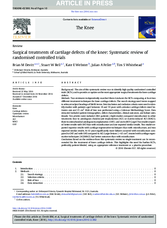 (PDF) Surgical treatments of cartilage defects of the knee: Systematic ...