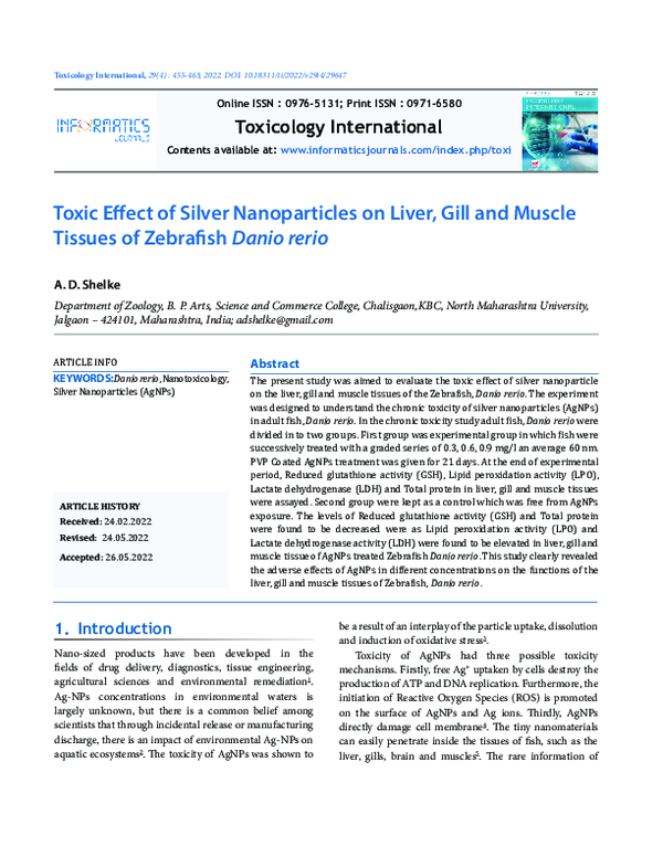 (PDF) Toxic Effect of Silver Nanoparticles on Liver, Gill and Muscle ...