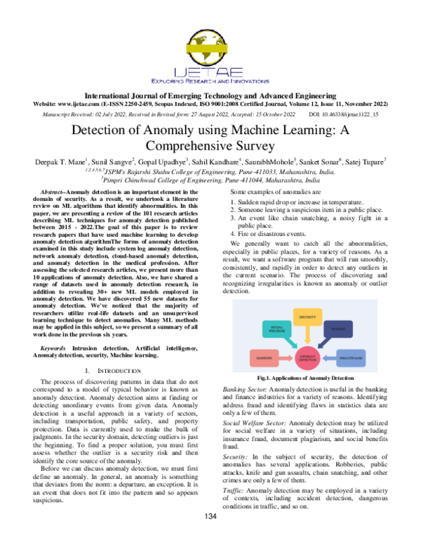 (PDF) Detection of Anomaly using Machine Learning: A Comprehensive Survey