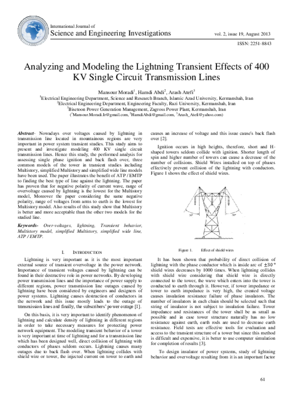 (PDF) Analyzing and Modeling the Lightning Transient Effects of 400 KV Single Circuit ...