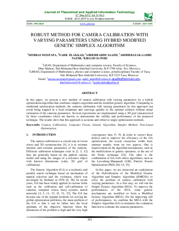 Pdf Robust Method For Camera Calibration With Varying Parameters Using Hybrid Modified Genetic