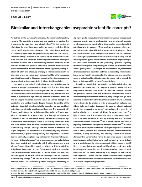 (PDF) Biosimilar and interchangeable: Inseparable scientific concepts?