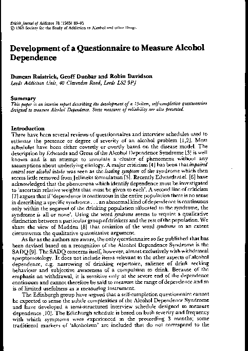 (PDF) Development of a Questionnaire to Measure Alcohol Dependence