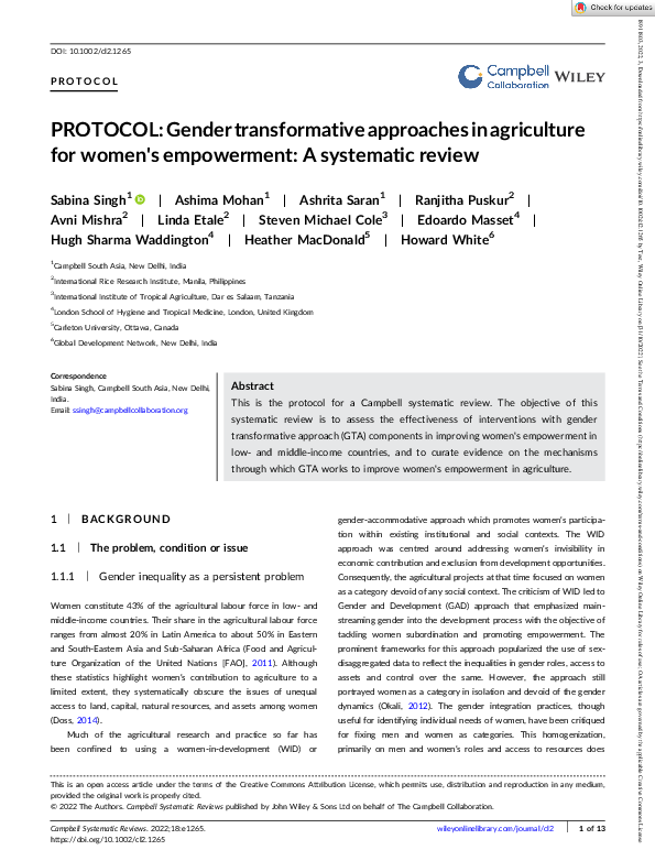 (PDF) PROTOCOL: Gender transformative approaches in agriculture for women's empowerment: A ...