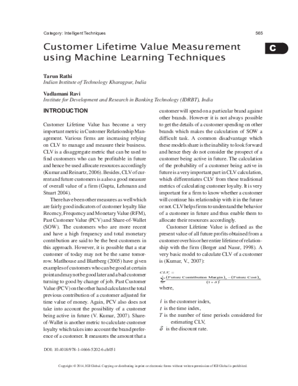 Pdf Customer Lifetime Value Measurement Using Machine Learning Techniques