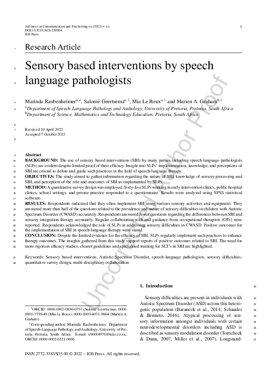 (PDF) Sensory based interventions by speech language pathologists
