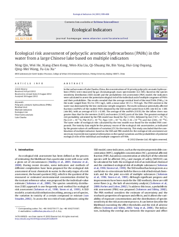 (PDF) Ecological risk assessment of polycyclic aromatic hydrocarbons (PAHs) in the water from a ...