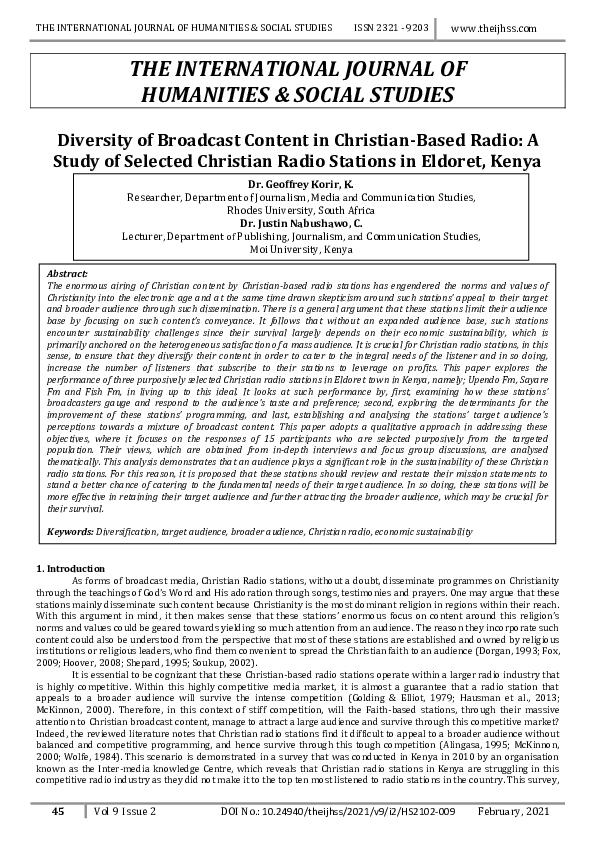(PDF) Diversity of Broadcast Content in Christian-Based Radio: A Study ...