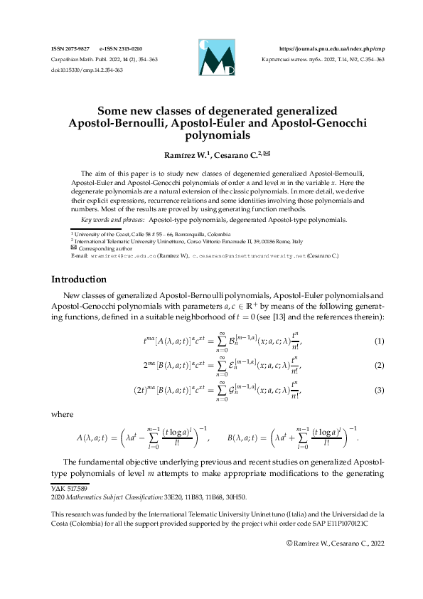 Pdf Some New Classes Of Degenerated Generalized Apostol Bernoulli Apostol Euler And Apostol