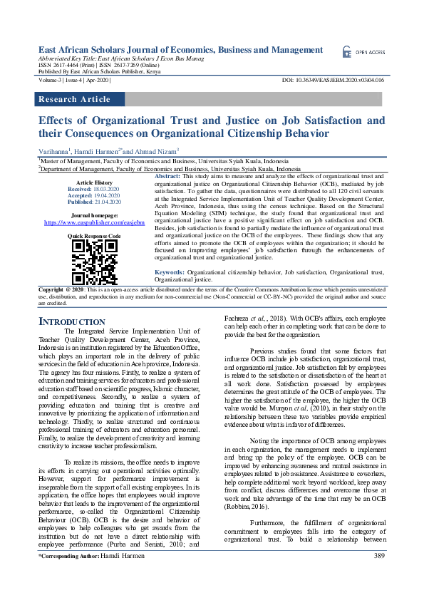 (PDF) Effects of Organizational Trust and Justice on Job Satisfaction and their Consequences on ...