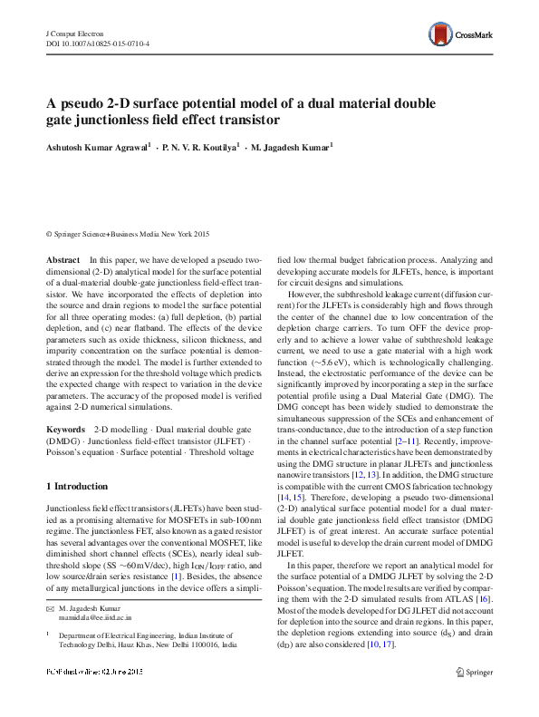 Pdf A Pseudo 2 D Surface Potential Model Of A Dual Material Double Gate Junctionless Field