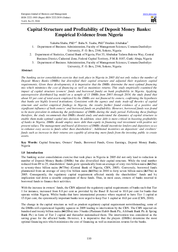 (PDF) Capital Structure and Profitability of Deposit Money Banks: Empirical Evidence from Nigeria
