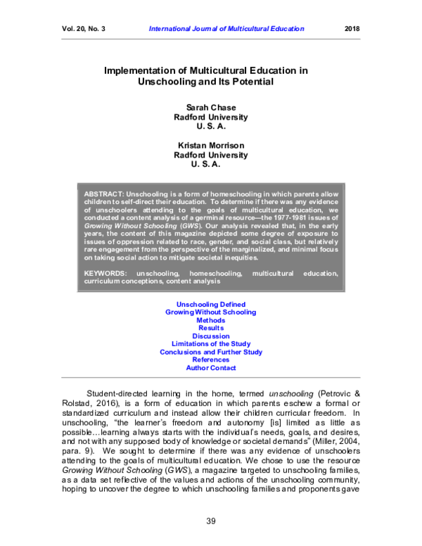 (PDF) Implementation of Multicultural Education in Unschooling and its ...